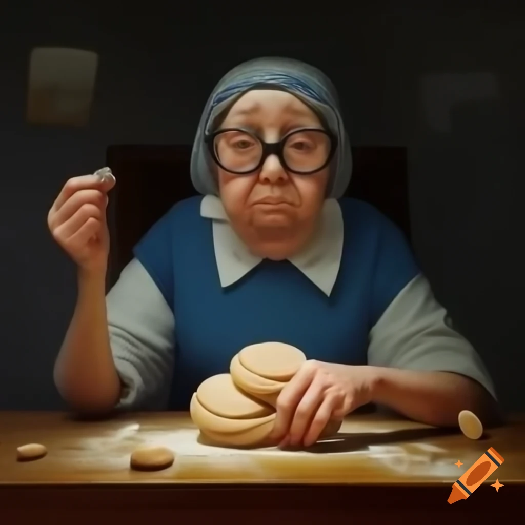 Surreal scene of middle-aged lady making cookies on Craiyon