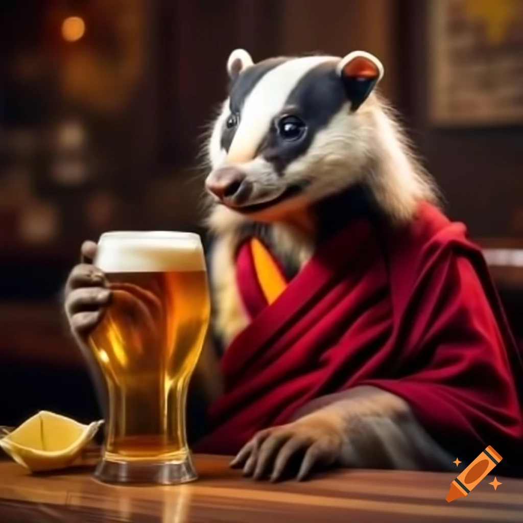 Badger drinking beer with Dalai Lama in a whimsical scene on Craiyon