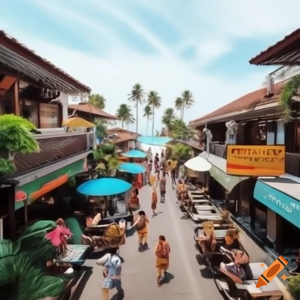 Vibrant street in Legian, Kuta, Bali with palm trees, shops, and cafes ...