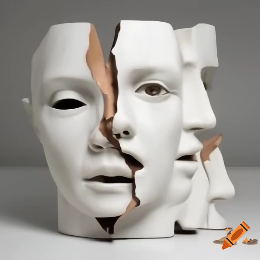 Modern sculpture of fragmented human faces in white marble on Craiyon