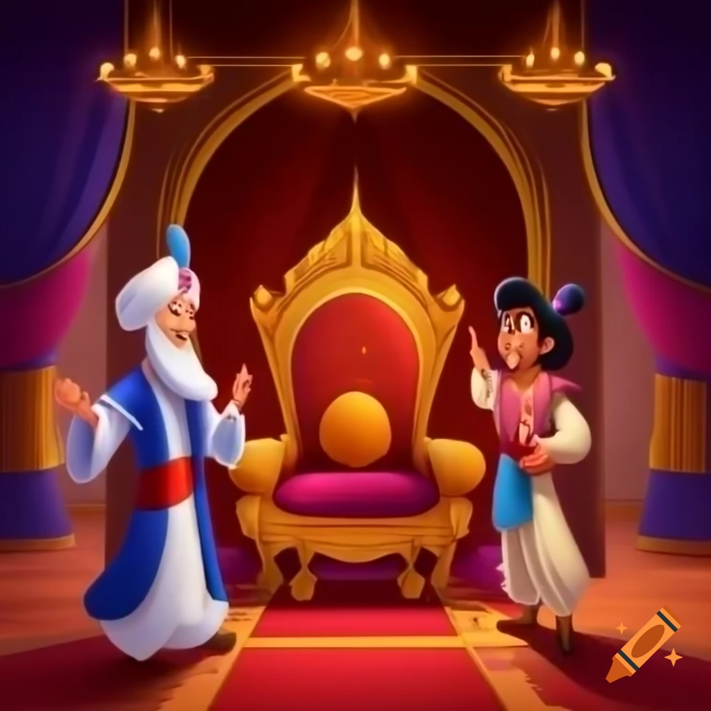 Cartoon illustration of Aladdin conversing with the Sultan in a grand ...