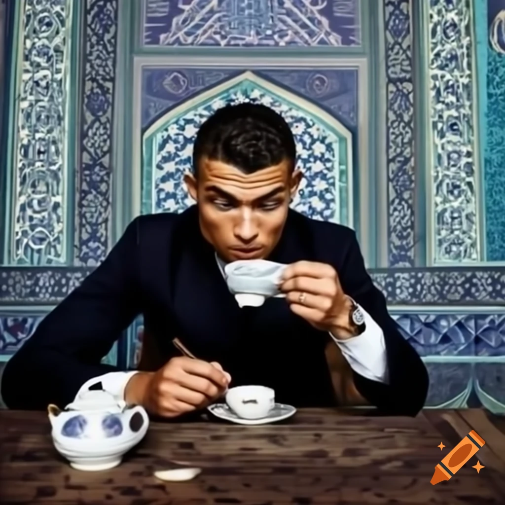 Cristiano Ronaldo enjoying tea at Registan Square in Samarkand on Craiyon