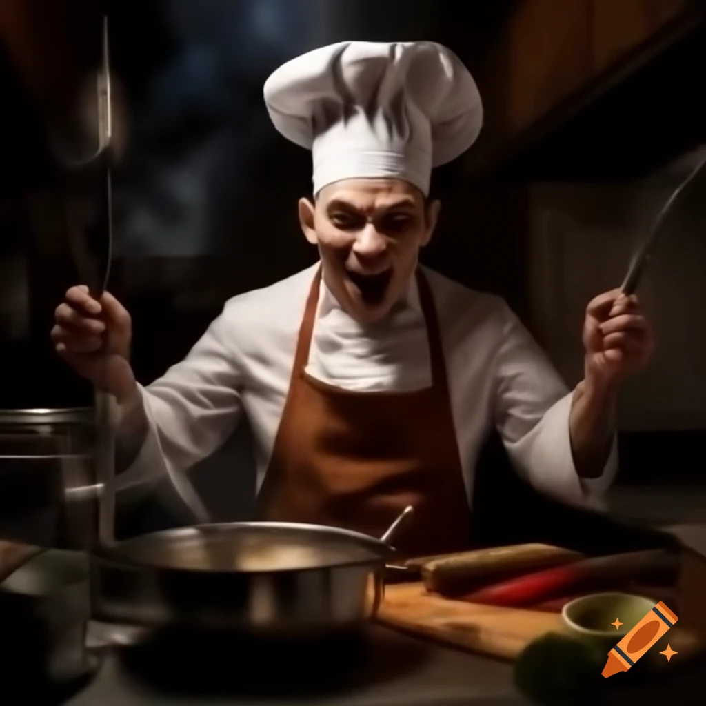 Vampire chef with knife in dark kitchen, wearing chef's hat on Craiyon