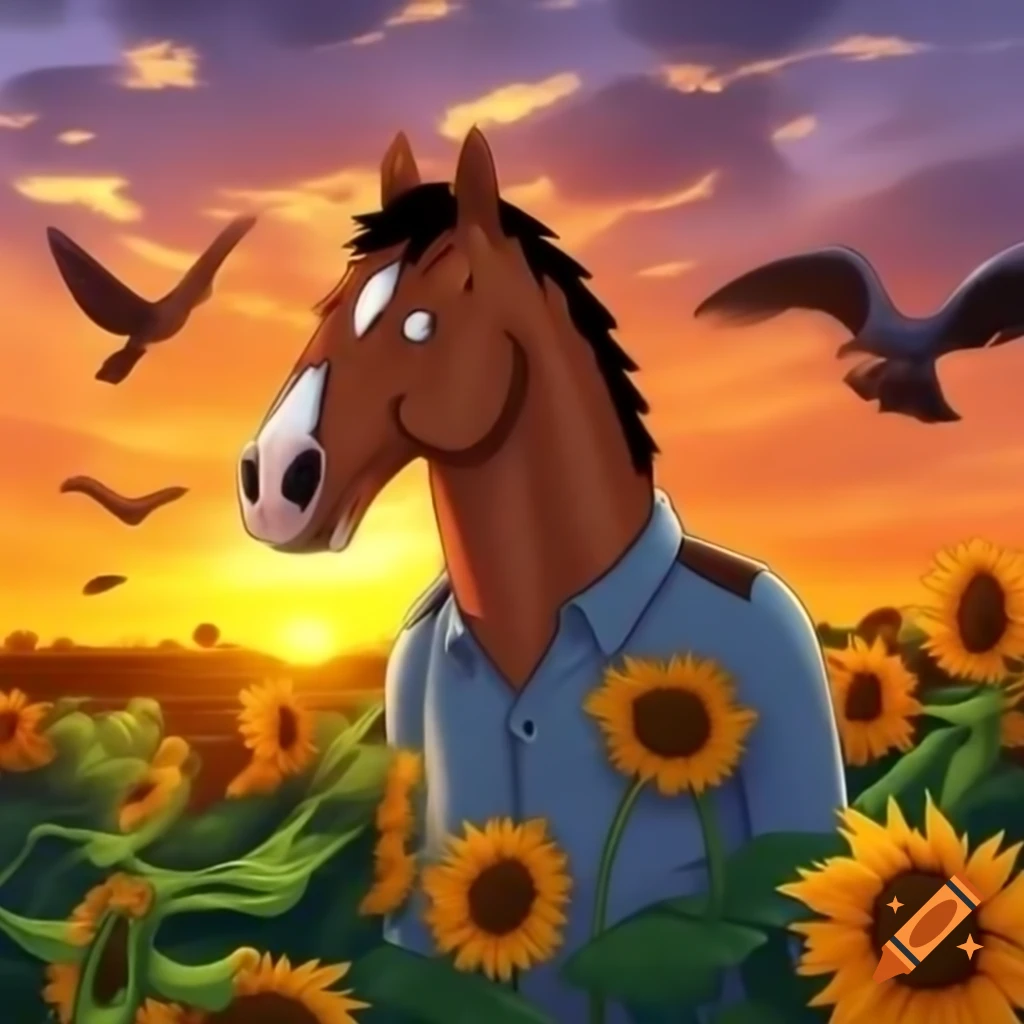 Bojack Horseman surrounded by sunflowers at sunset with flying birds in ...