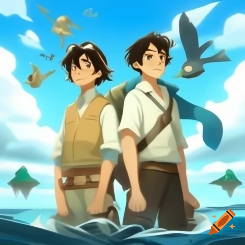Two male friends on floating sky island, Studio Ghibli style, one with ...
