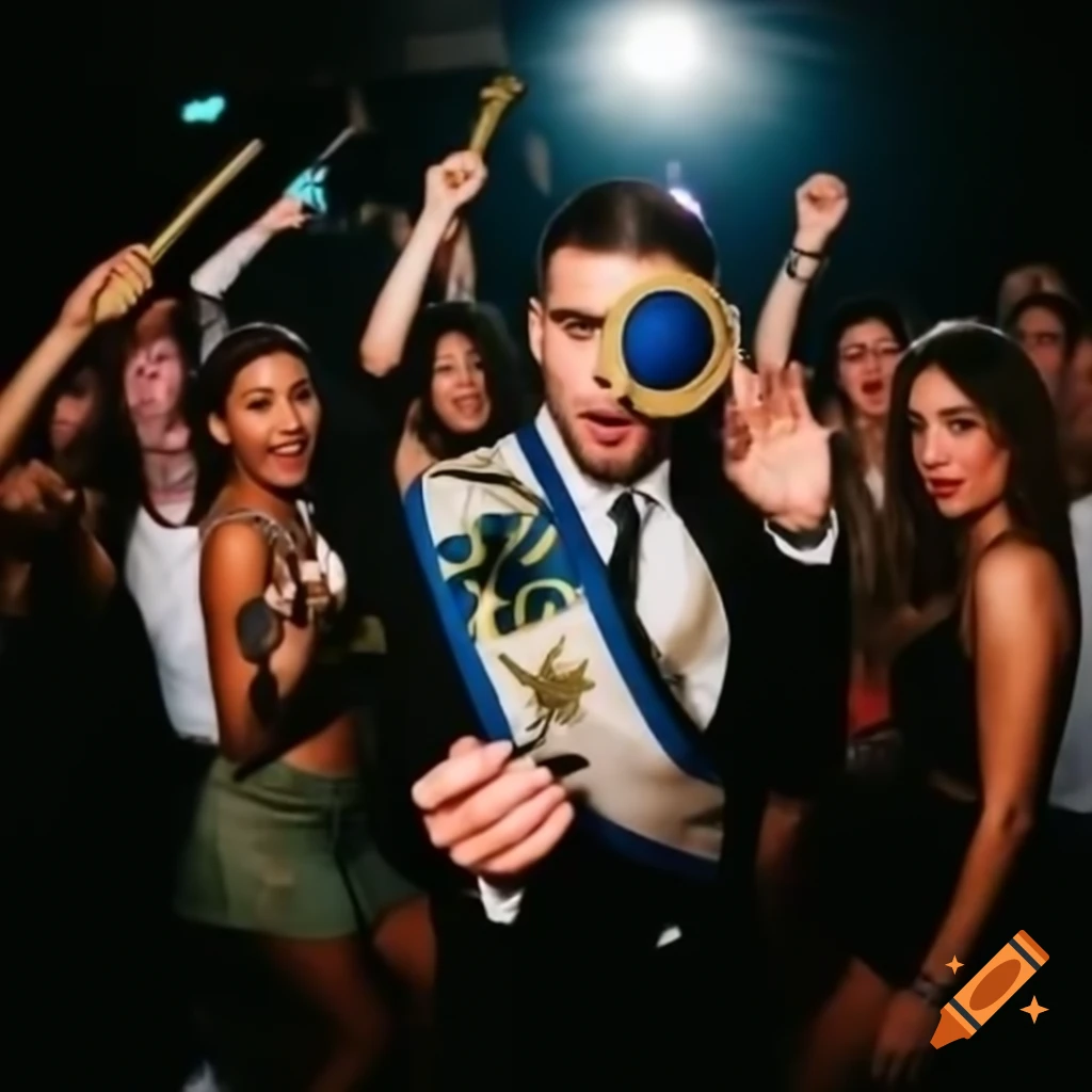 Freemason with masonic tools dancing at a vibrant rave party on Craiyon