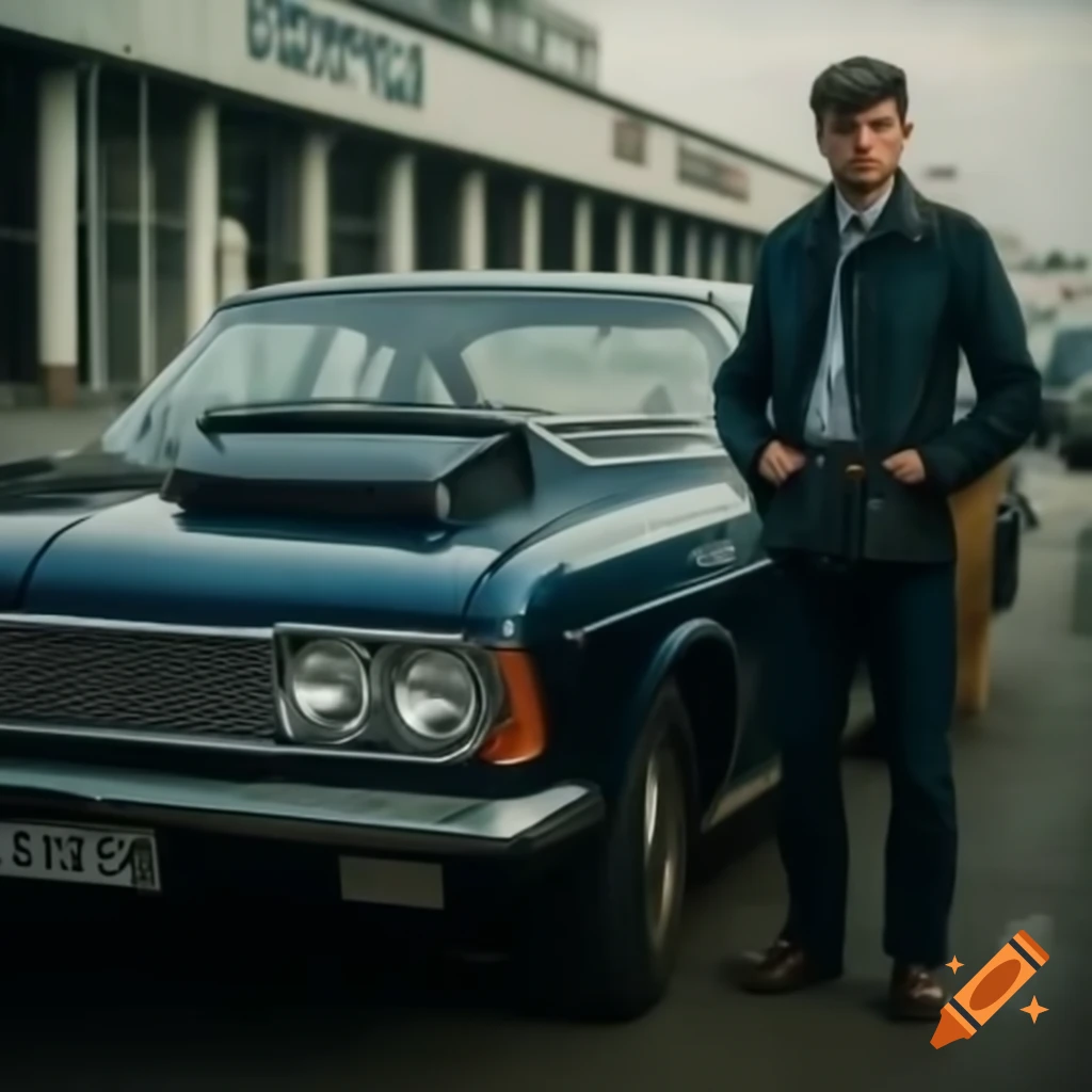 Russian car driver standing next to his fully visible car, exterior ...