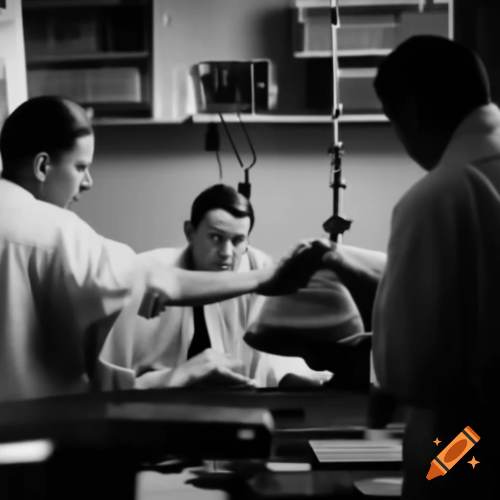 1950s photo of man in lab coat being arrested on Craiyon