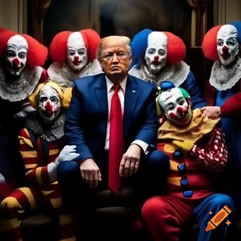 Political satire of Trump as ringleader with clowns on Craiyon