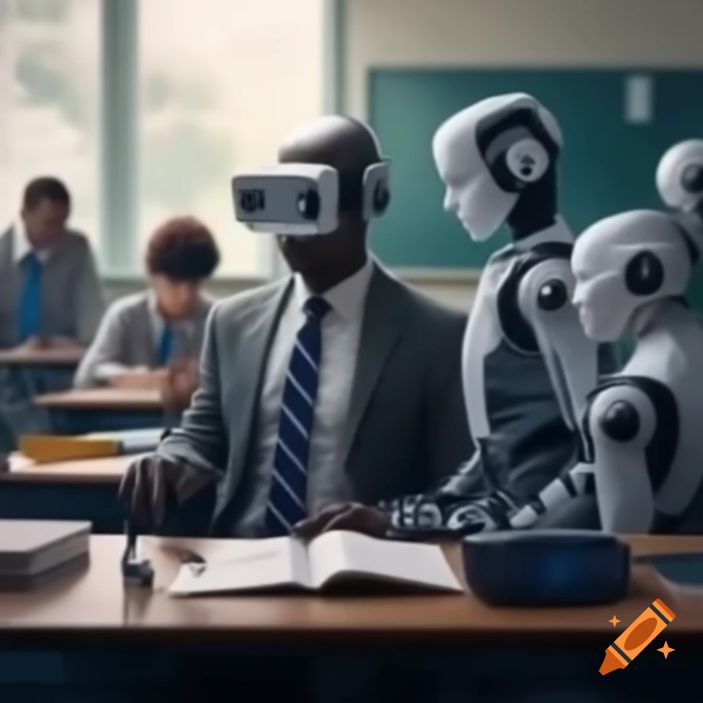 Teacher using AI tools for exam marking in classroom with students in ...