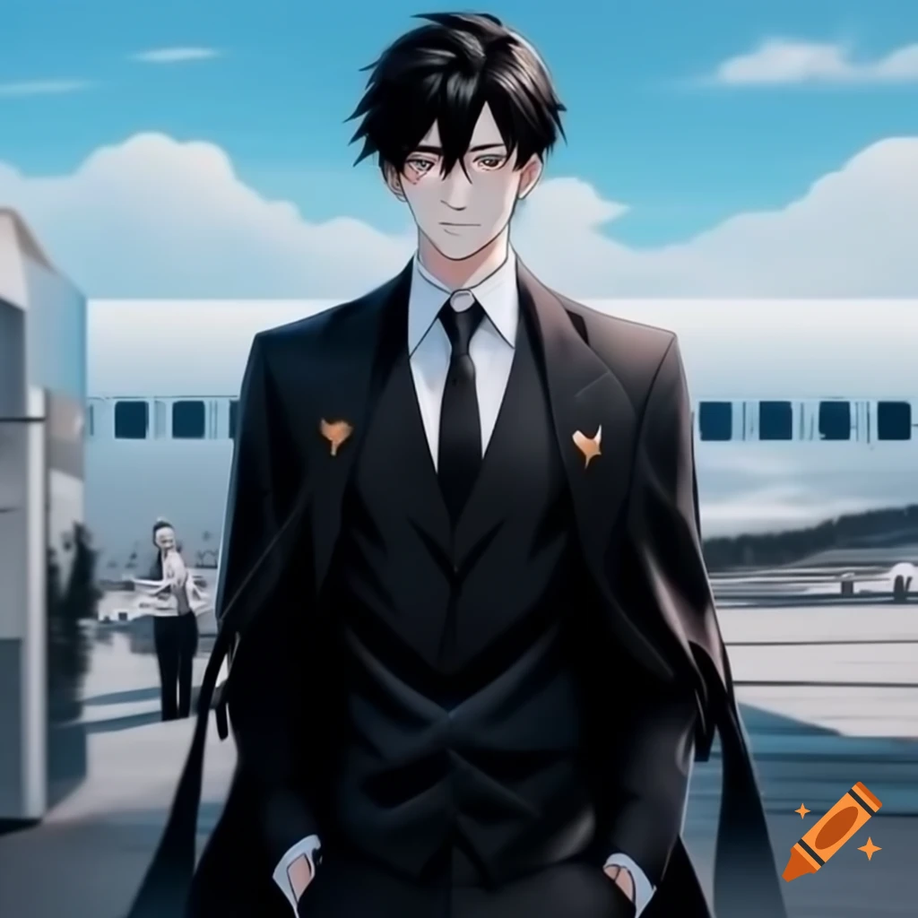 Business anime character in black suit at airport, confident expression ...