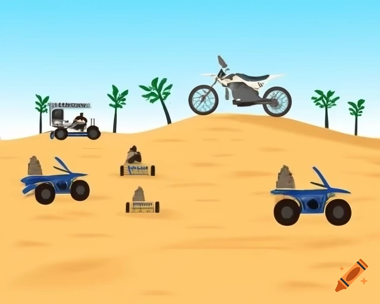 Desert motocross bikes and buggies on sand dunes with desert plants, 2D ...