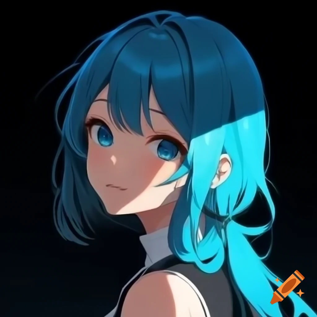 Anime young woman with cyan hair smiling, detailed shadow and realistic ...