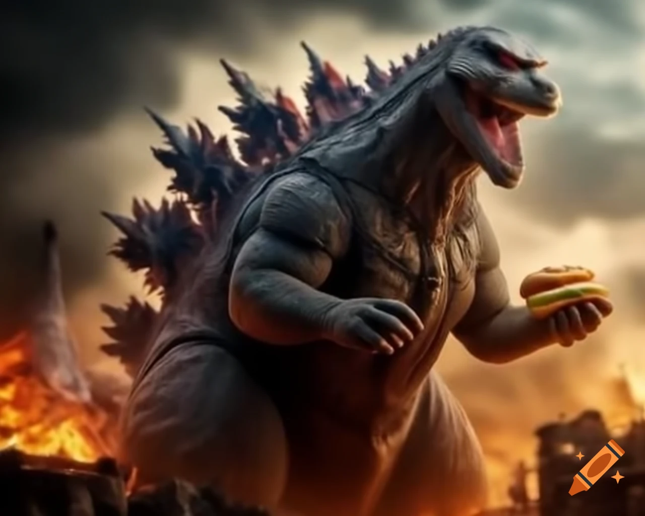 Godzilla humorously eating a sandwich with a burning city in the ...
