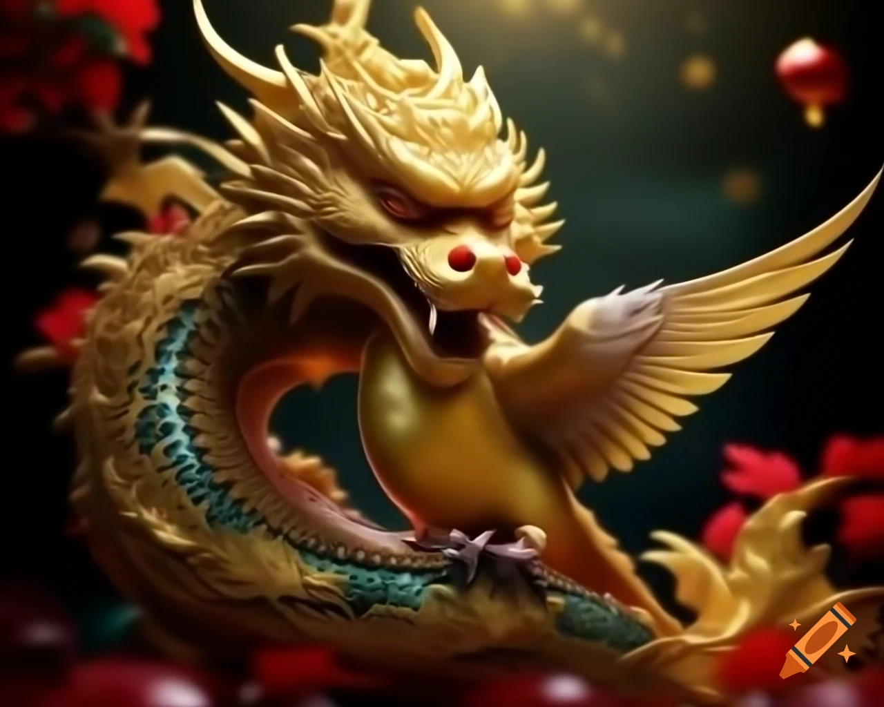 Gilded flicker bird transformed into a Chinese dragon with glittering ...
