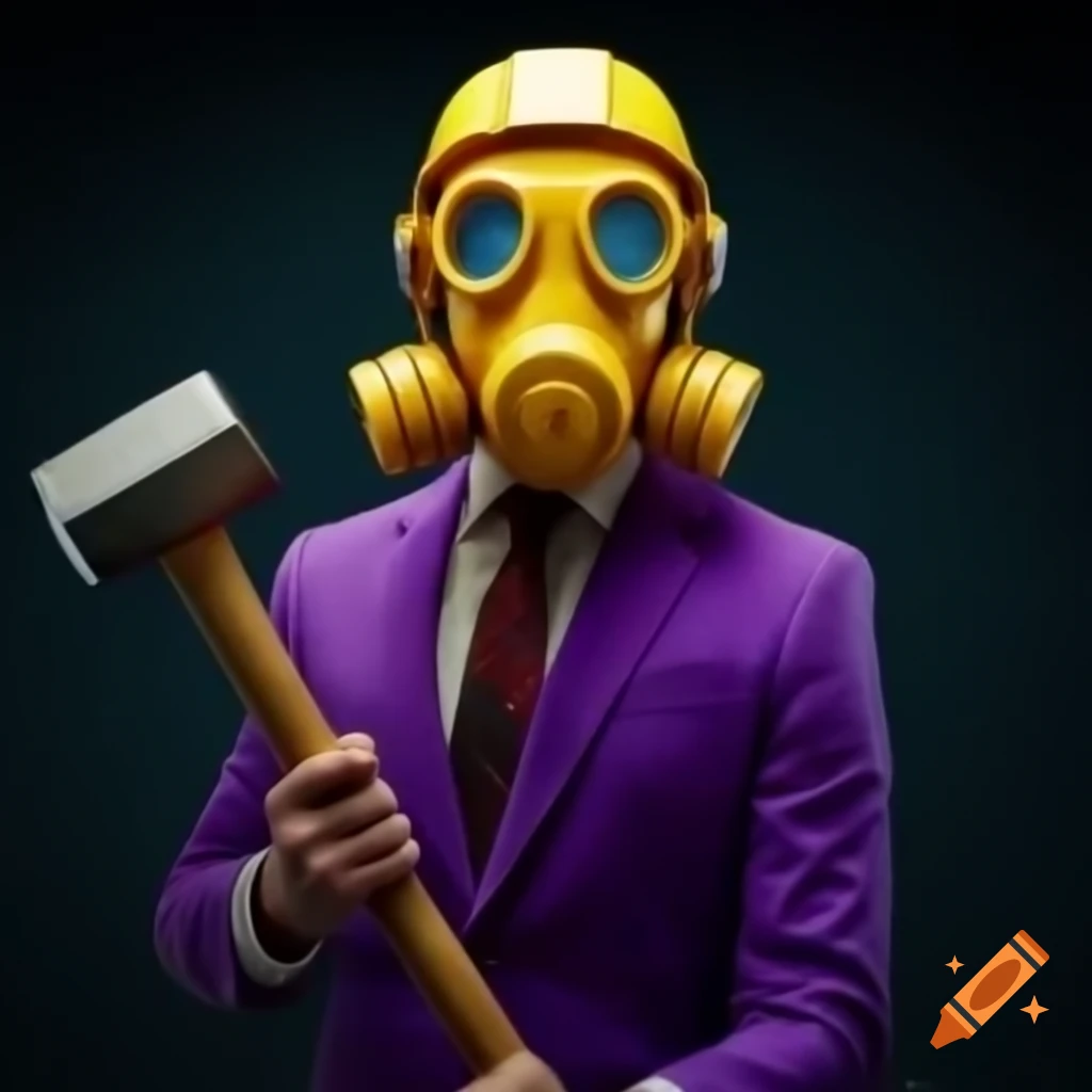 Man in yellow gas mask and purple suit holding sledgehammer on Craiyon