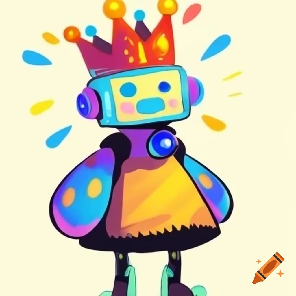 Whimsical sketch of robot princess in crown, colorful and bold children ...