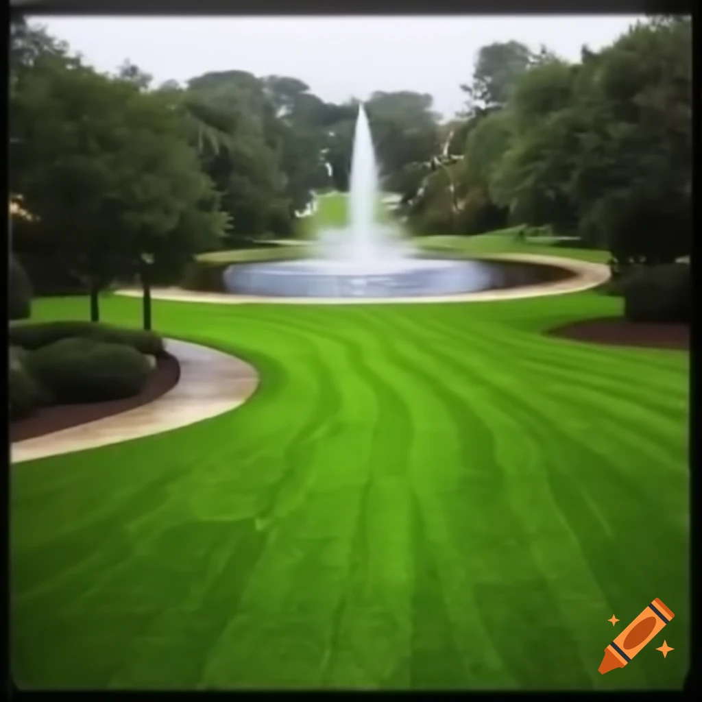 Grassy swale leading to pond with fountain adjacent to small road on ...