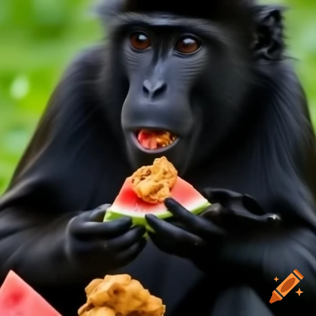 Black monkey enjoying watermelon and fried chicken on Craiyon