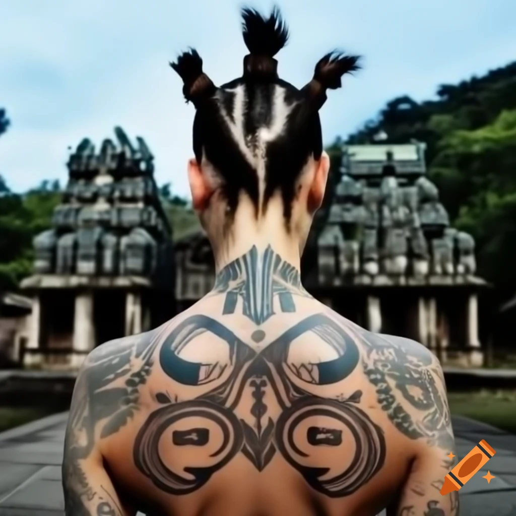 Caucasian woman with bantu hairstyle and tribal tattoos in jungle ...