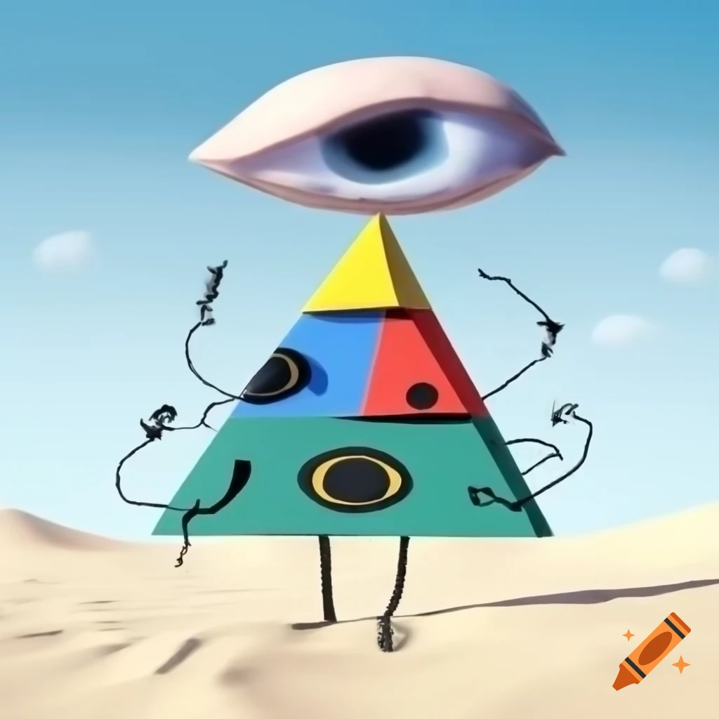 Surreal hand-drawn eye with legs and hands floating above a colorful ...