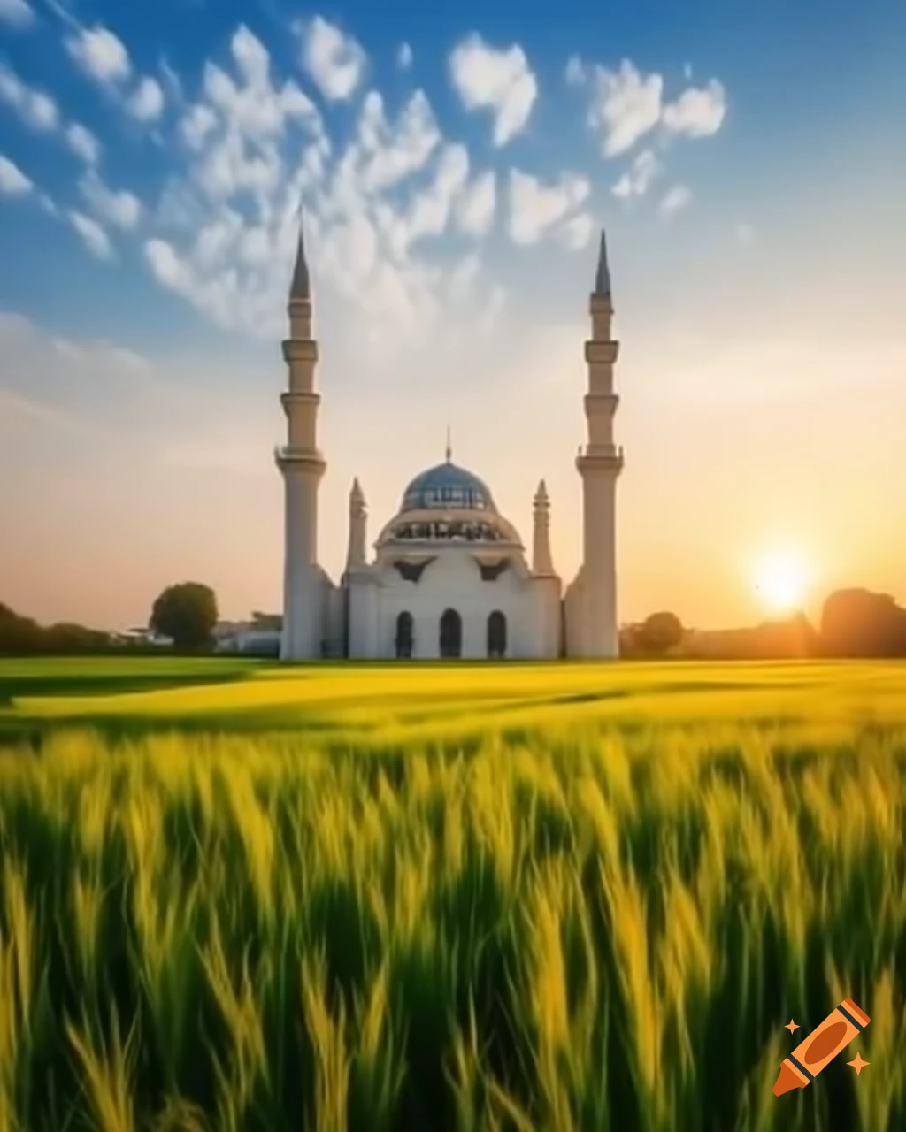 Mosque near paddy field in the morning illuminated by sun rays on Craiyon