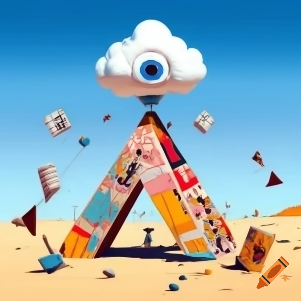 Colorful triangle on sandy ground with floating cloud and drawn eye on ...