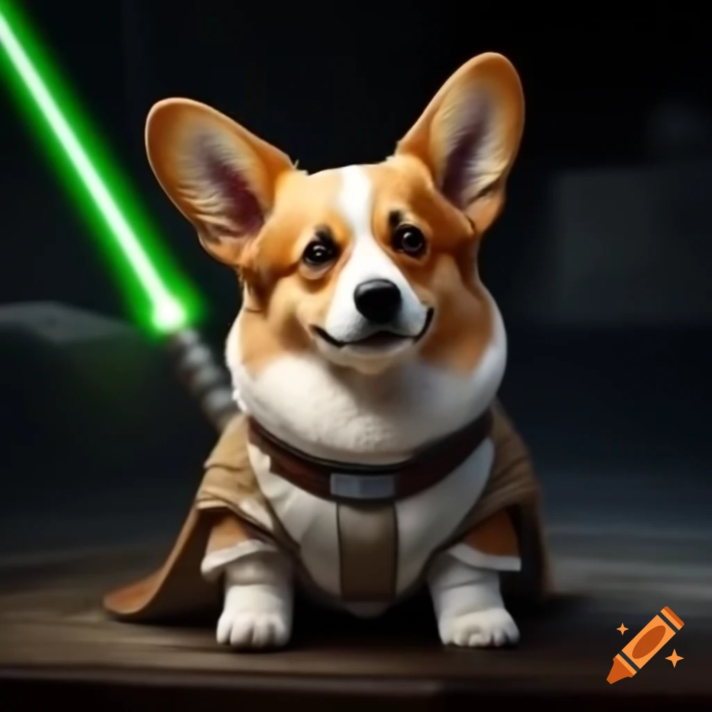 Corgi dressed as a Jedi, showcasing a playful sci-fi theme on Craiyon