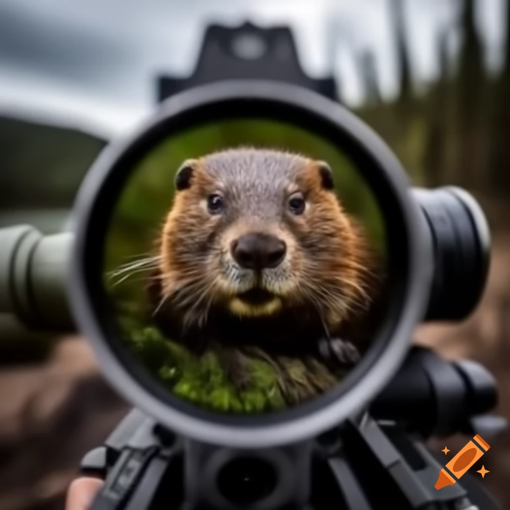 Hunter aiming at beaver through rifle scope with crosshair on Craiyon