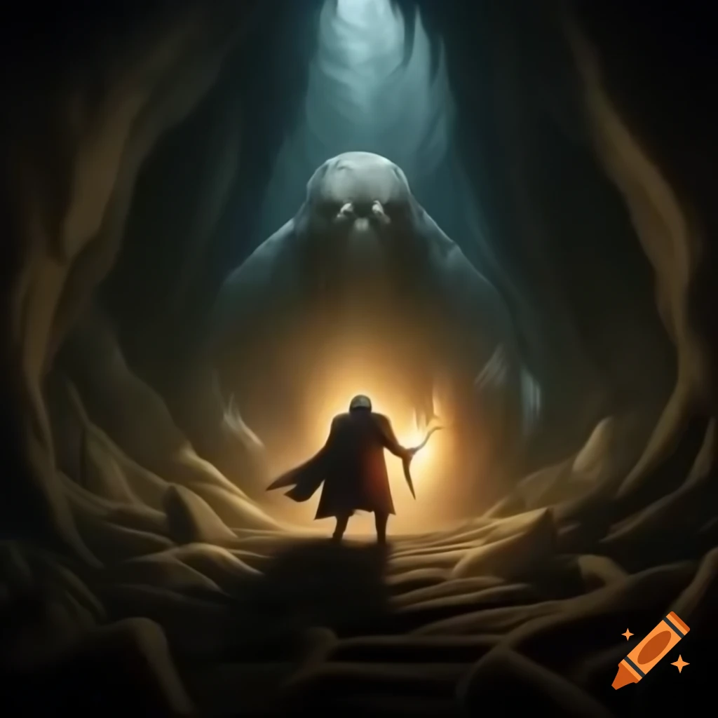 Knight with torch entering dark labyrinth with looming creature on Craiyon