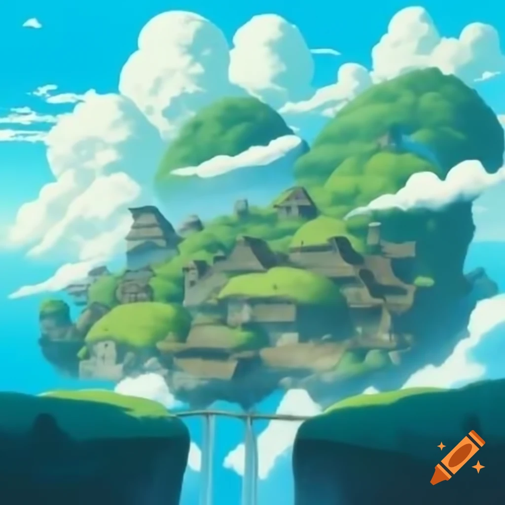 Floating village on sky islands with wooden cottages and airships on ...