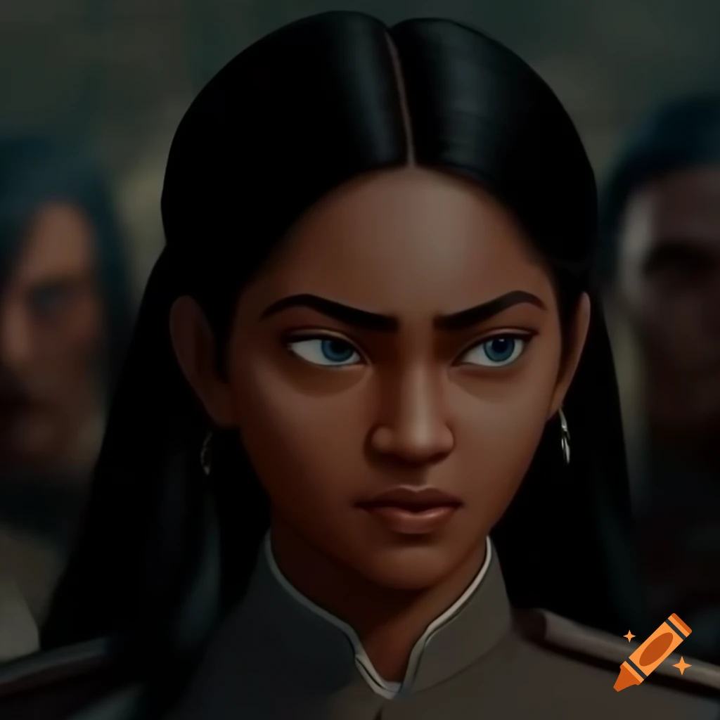 Portrait of an Indian princess character with light brown skin and dark ...