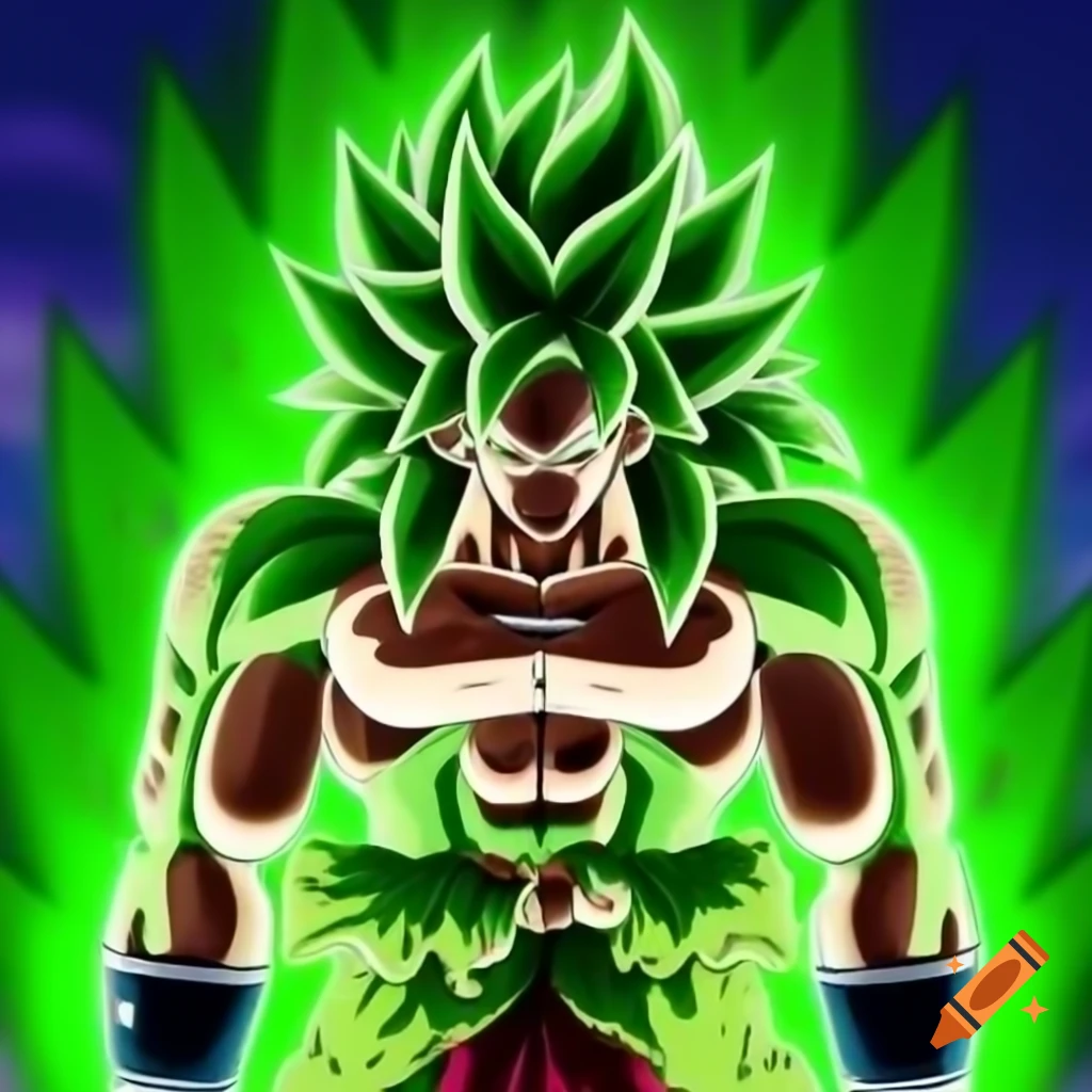 Full body Broly SSJ4 with green fur, yellow eyes, and green aura with yellow electricity on Craiyon