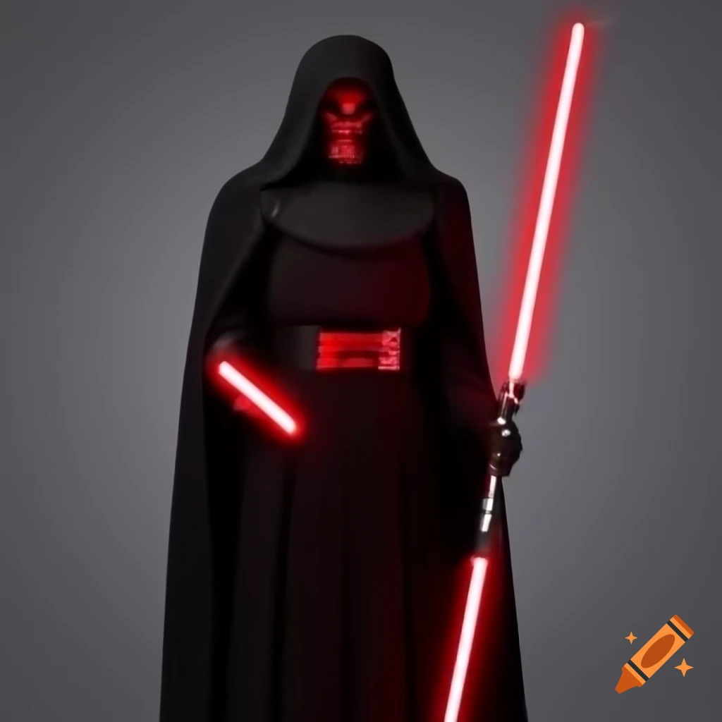 Sith lord wielding double-bladed red lightsabers in black robe and hood ...