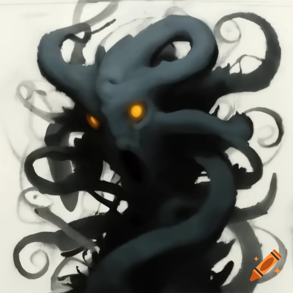 Abstract dark organic creature in fine ink line art with twisted forms ...