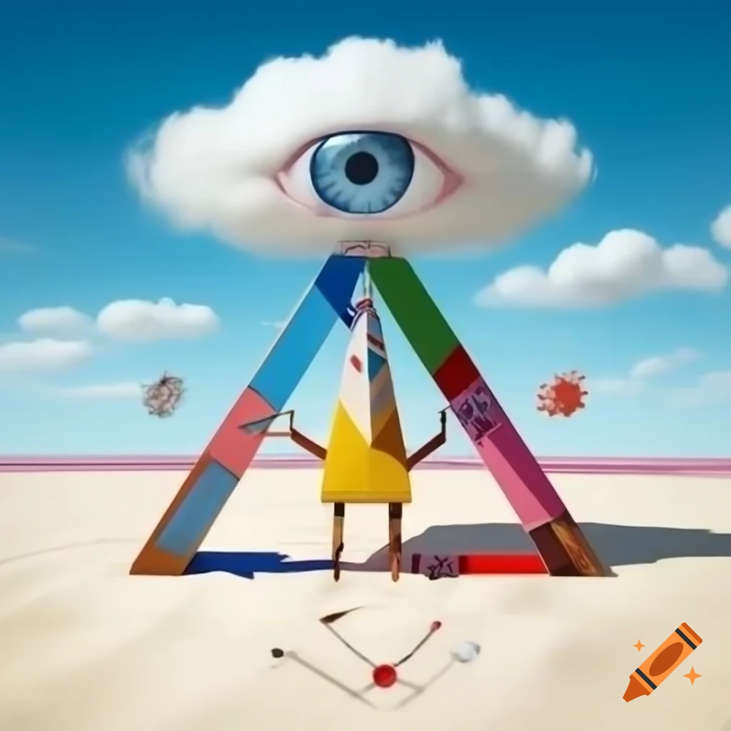 Colorful triangle on sandy ground with a jumping cloud and drawn eye on ...