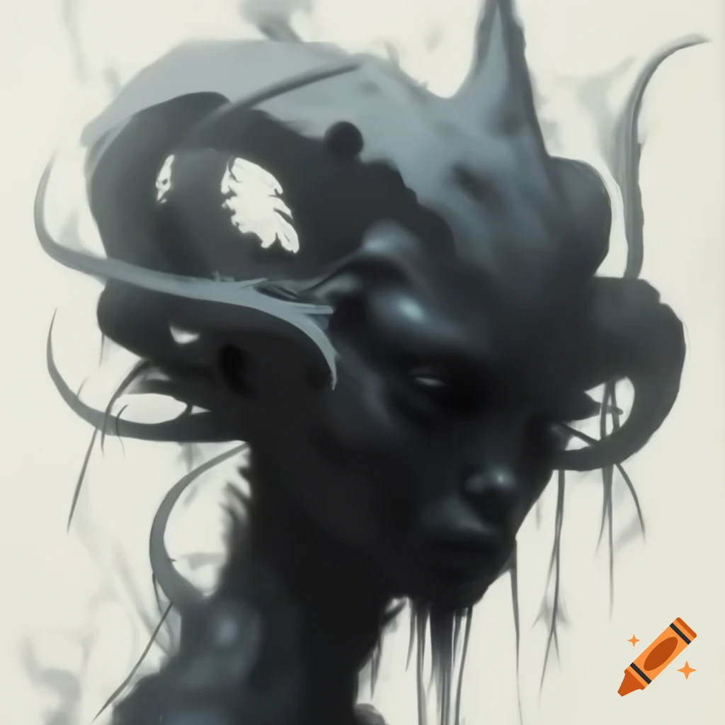 Abstract dark organic creature in fine ink line art with twisted forms ...