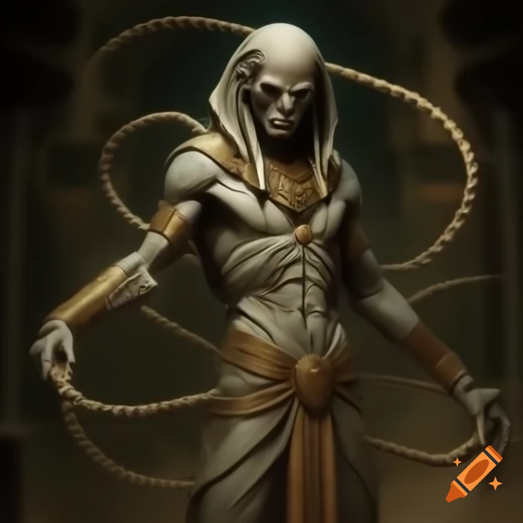 Mummy lich in Egyptian attire wielding sand whip on Craiyon