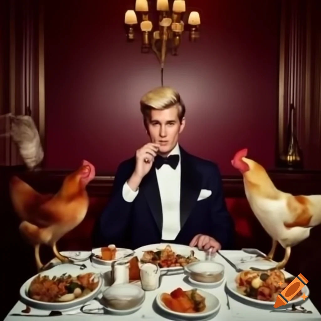 Man dining in classy restaurant with a hen as dinner companion on Craiyon