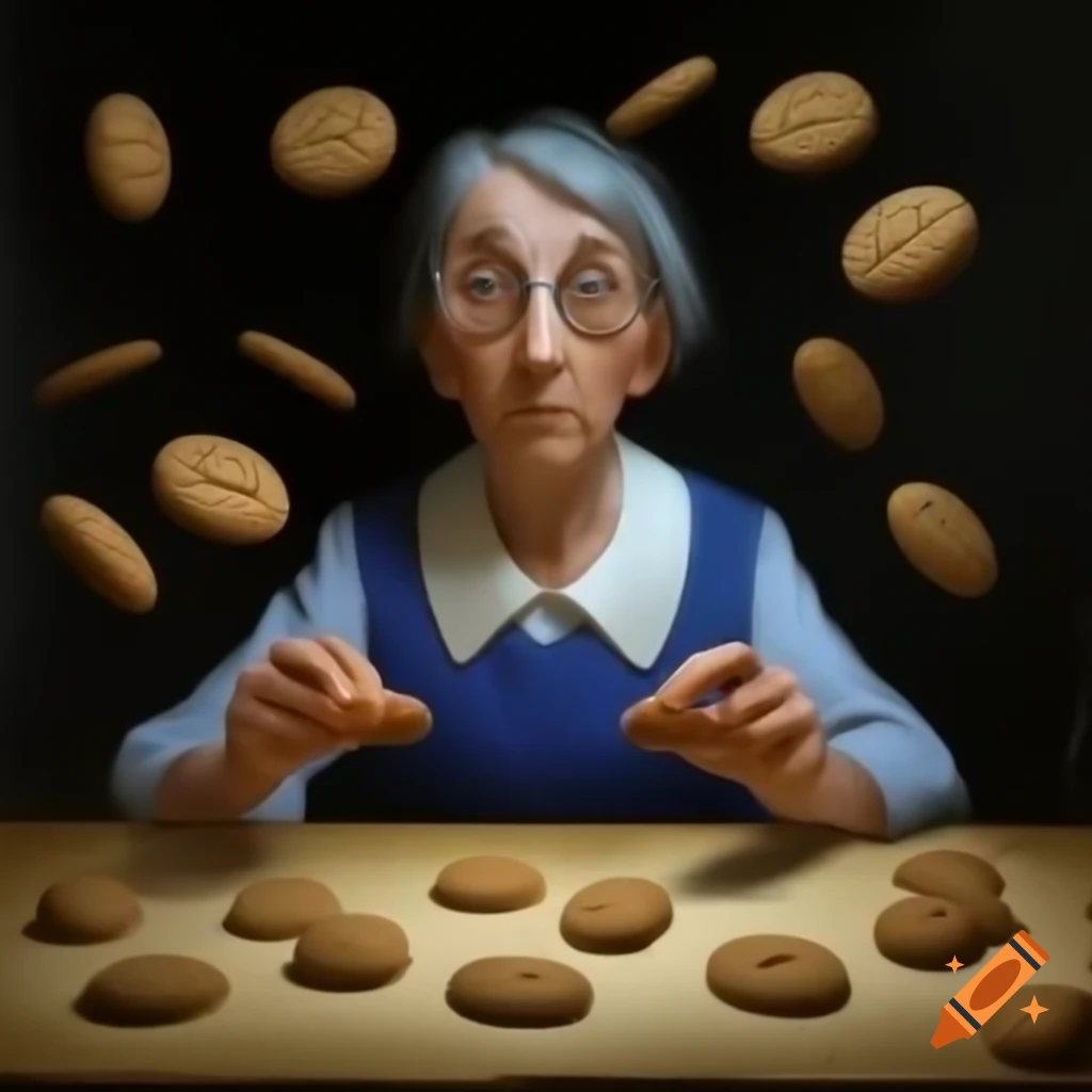 Surreal scene of middle-aged lady making cookies on Craiyon