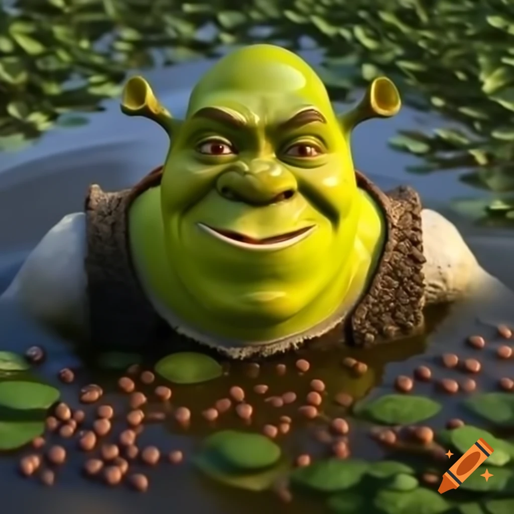 Shrek in swamp surrounded by baked beans on Craiyon