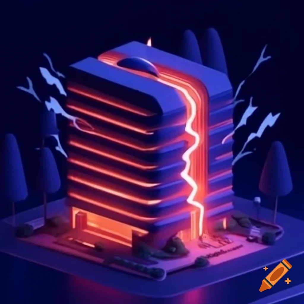 Building shaped like giant Tesla coil with lightning bolts on walls on ...