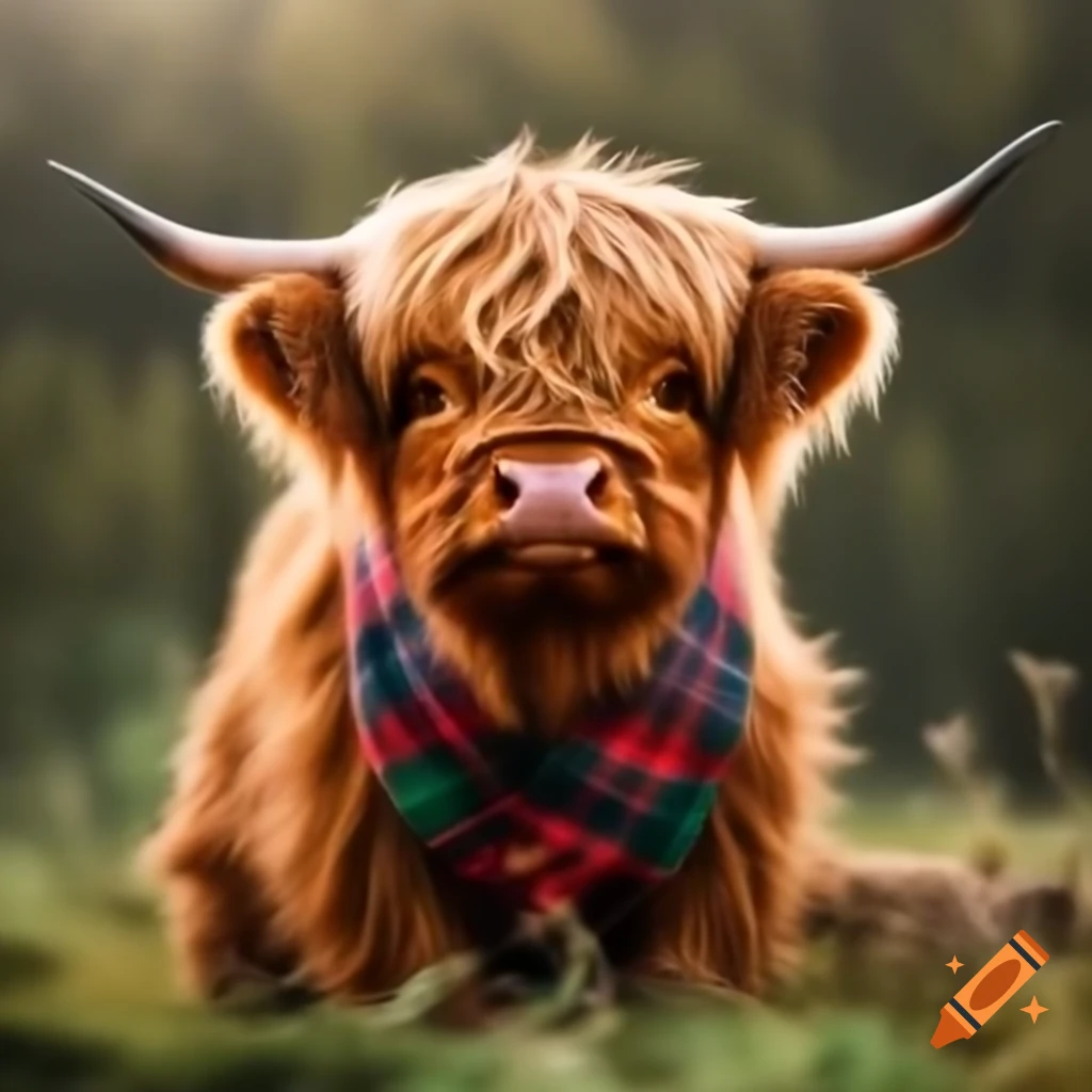 Highland cow wearing tartan scarf and grazing on grass on Craiyon