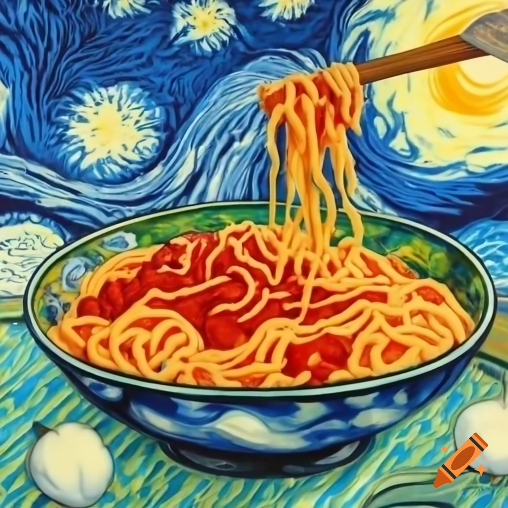 Bowl of spaghetti bolognese in Vincent van Gogh style on Craiyon