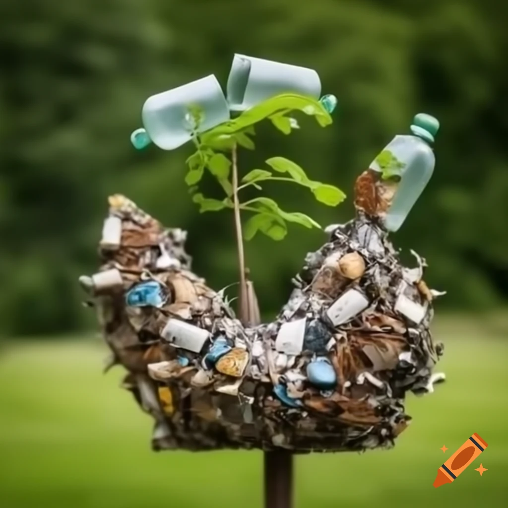 Eco-conscious sculpture made from recycled materials, resembling a bird ...
