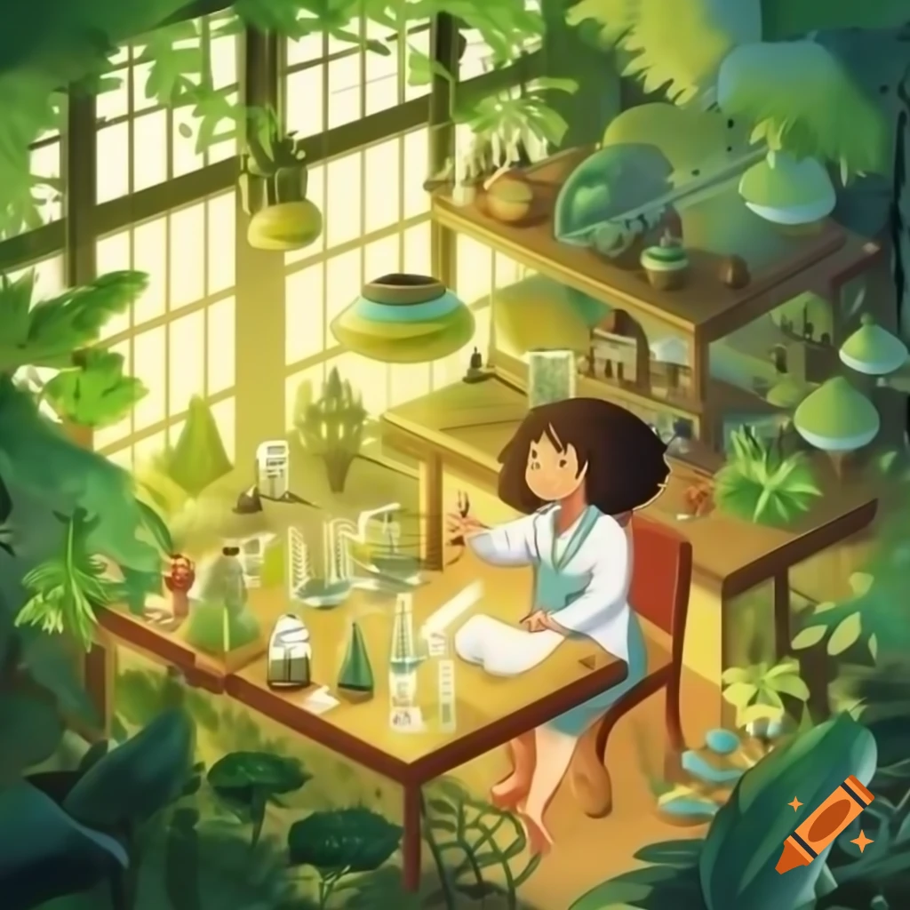 Studio Ghibli-inspired female scientist working on environmental ...