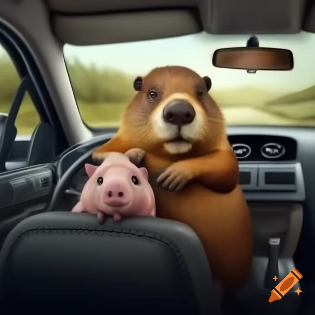 Grinning beaver driving a car on motorway with pig in car behind on Craiyon