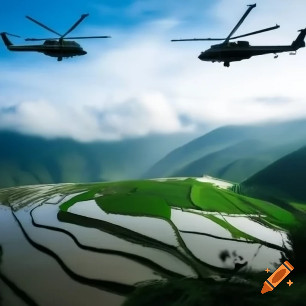 Bottom view of US army helicopters approaching over flooded rice ...
