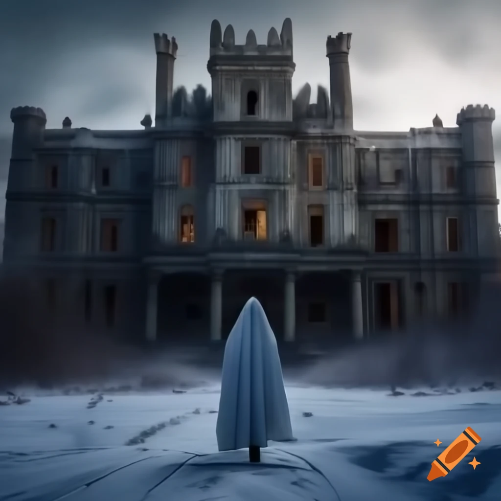 Veiled ghost stands guard before abandoned castle illuminated by winter ...