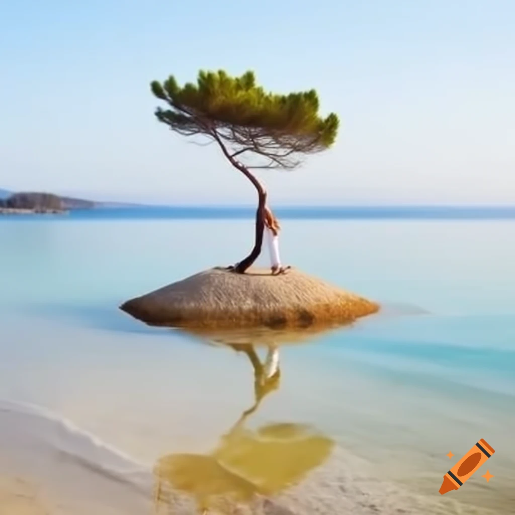 Mediterranean island with wise man, pine tree floating above in bright ...